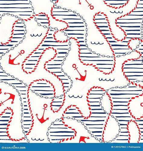 Hand Drawn Intertwining Rope Chains Anchors Stripes Vector Seamless