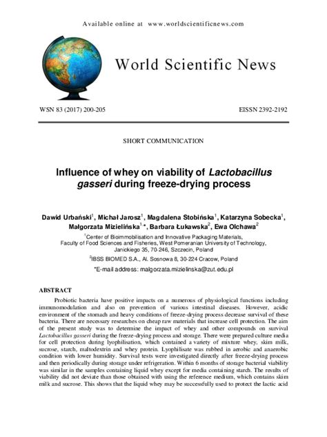 Pdf Influence Of Whey On Viability Of Lactobacillus Gasseri During Freeze Drying Process