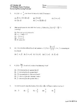 AP Multiple Choice Worksheet First Derivative By Scott Reis TpT
