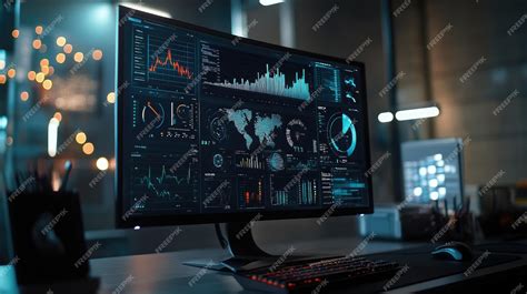 Computer Monitor Displaying Data Analytics And Charts In A Dark Office