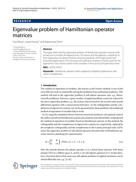 Pdf Eigenvalue Problem Of Hamiltonian Operator Matrices
