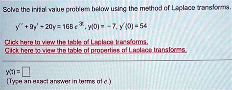 SOLVED: Solve the initial value problem below using the method of Laplace transforms: 9y + 20y ...