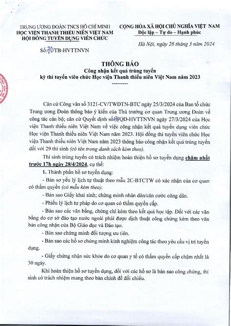 Thông Báo Công Nhận Kết Quả Trúng Tuyển Kỳ Thi Tuyển Viên Chức Học Viện