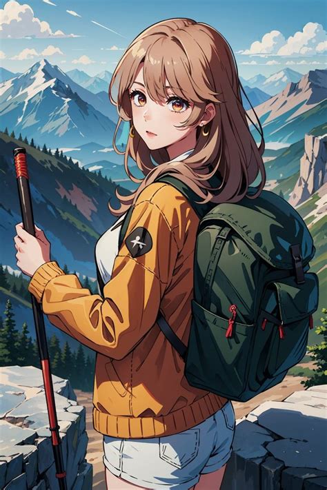 A Woman With A Backpack And Hiking Poles Looking At The Mountains In