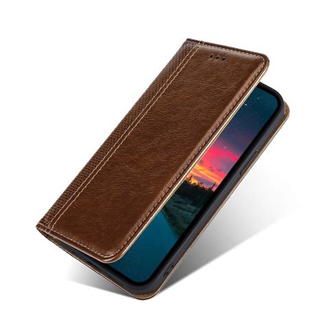 For Nokia C32 Grid Texture Magnetic Flip Leather Phone Case Brown
