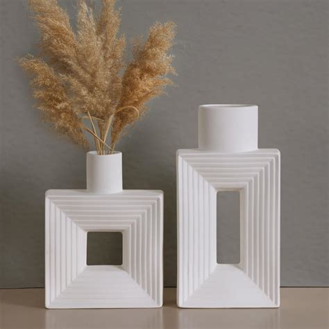 White Ceramic Vases Set Of 2 Modern Home Decor For Living