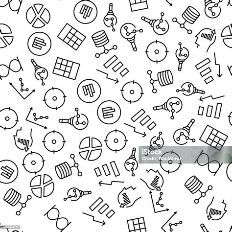 분석 벡터 원활한 패턴입니다 가는 선 아이콘이 있는 질감 배경입니다 흰색 바탕에 사업의 검은색 윤곽선 기호 웹 디자인 인쇄 가능한 제품 모바일 앱 등을 위한 원활한 벡터