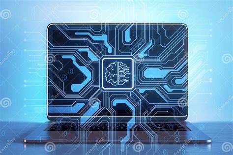 Close Up Of Laptop With Abstract Brain And Binary Code Circuit On