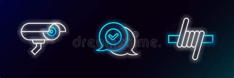 Set Line Barbed Wire Security Camera And Check Mark In Speech Bubble Icon Glowing Neon Vector