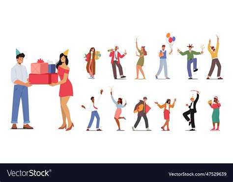 Set Of Joyful Characters Celebrating And Enjoying Vector Image