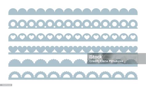 가리비 가장자리 이음새가 없는 브러시 스트로크 세트 간단한 가리비 테두리 패브릭 레이스 실루엣 귀여운 빈티지 프릴 장식품을 반복하십시오 텍스처 리본 흰색 배경에 고립된 벡터