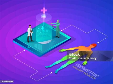 아이소메트릭 스마트 건강과 미래 의료 3d 개념 디자인 일러스트 레이 션장치 네트워크 제어를 통해 건강 상태를 추적 3차원