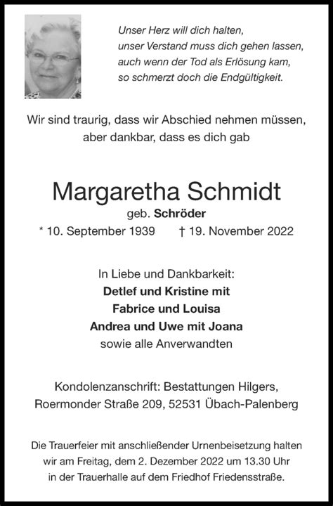 Traueranzeigen Von Margaretha Schmidt Aachen Gedenkt