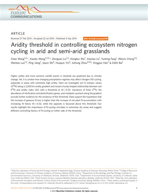 Pdf Aridity Threshold In Controlling Ecosystem Nitrogen Cycling In Arid And Semi Arid Grasslands
