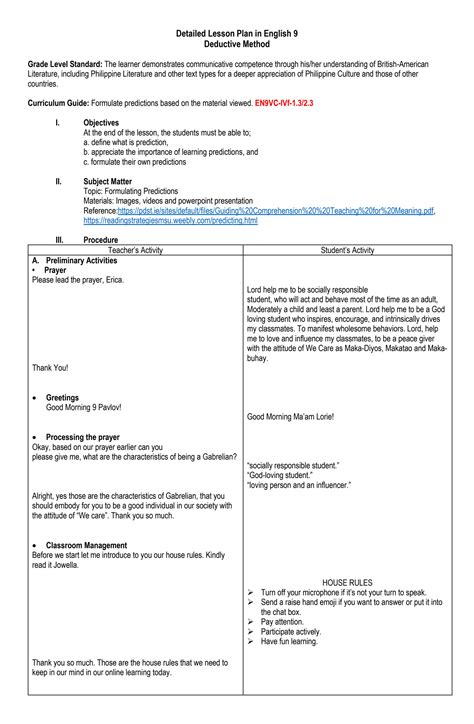 Solution Detailed Lesson Plan Deductive Method Formulating Prediction