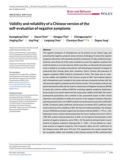 Pdf Validity And Reliability Of A Chinese Version Of The Self Evaluation Of Negative Symptoms