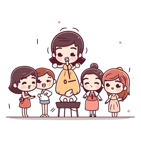 Un Grupo De Niños Cantando Karaoke Al Estilo De Los Dibujos Animados