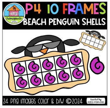 10 FRAMES Beach Penguins And Shells P4Clips Trioriginals SUMMER CLIPART