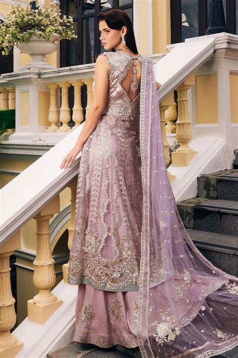 Luxury Lilac Embroidered Pakistani Wedding Dress In Frock Sharara Styl