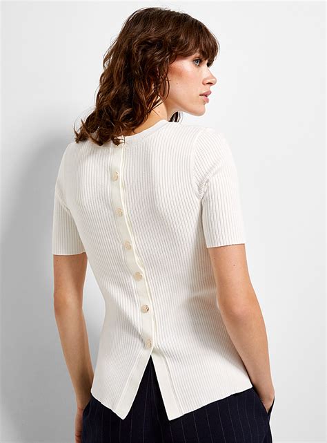 Buttoned Back Ribbed Sweater Contemporaine Shop Womens Sweaters