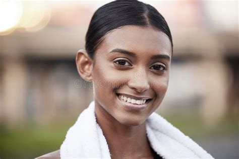 Portrait Woman And Fitness With Towel Outdoor For Exercise Break
