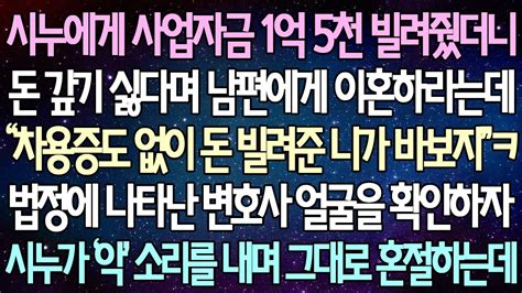 반전 사연 시누에게 사업자금 1억 5천 빌려줬더니 돈 갚기 싫다며 남편에게 이혼하라는데 법정에 나타난 변호사 얼굴을 확인하자 시누가 ‘악소리를 내며 혼절하는데 사이다