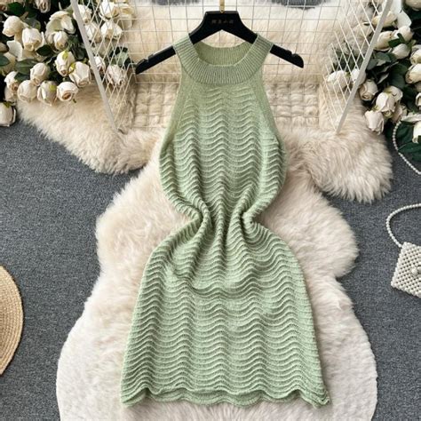 Croch Feminino Metade V Atrav S De Halter Mini Vestido Roupas De Malha
