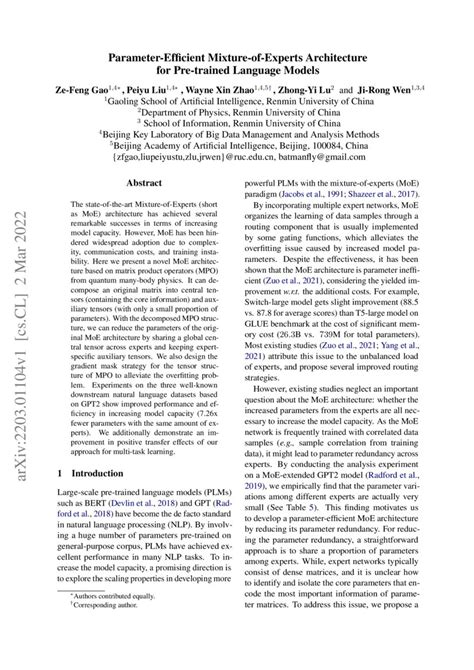 Parameter Efficient Mixture Of Experts Architecture For Pre Trained Language Models Deepai