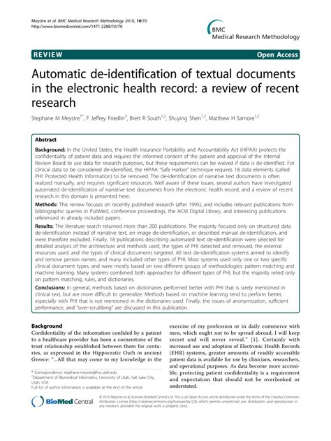 Pdf Automatic De Identification Of Textual Documents In The Electronic Health Record A Review