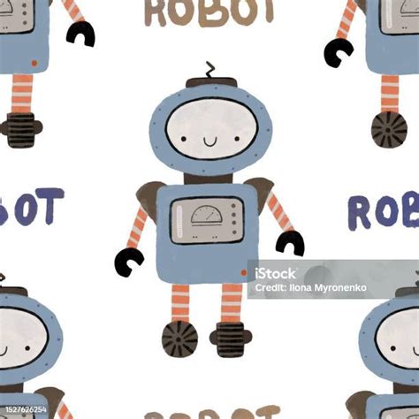 다양한 빈티지 로봇과의 매끄러운 패턴 손으로 그린 그림입니다 로봇 볼트 레터링 및 낙서가 있는 격리된 끝없는 반복 색상 단순