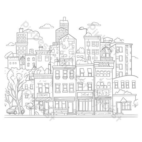 City Building Sketch With Buildings In Black And White Coloring Page