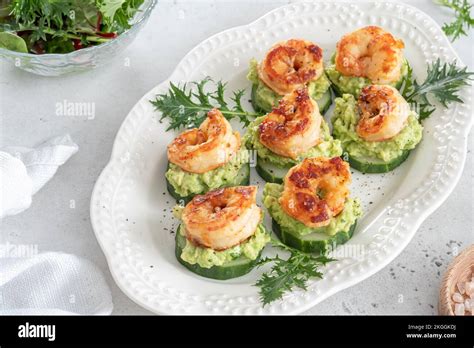Cucumber Avocado Shrimp Appetizer Canape With Prawn Cucumber And Guacamole Party Food Finger