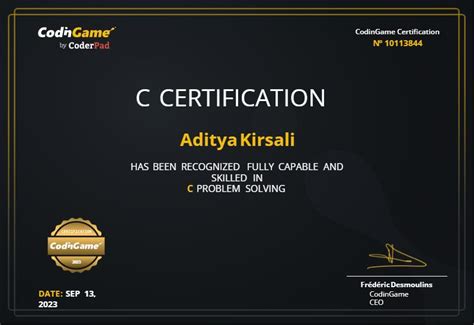 Excited To Share That Ive Earned My C Problem Solving Certification On Codingame Aditya Kirsali