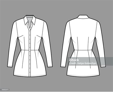 셔츠 드레스 테크니컬 패션 일러스트러 레귤러 칼라 미니 길이 몸에 맞는 연필 충만 버튼 업 0명에 대한 스톡 벡터 아트 및 기타