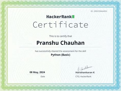 Pranshu Chauhan On Linkedin Python Certification Hackerrank