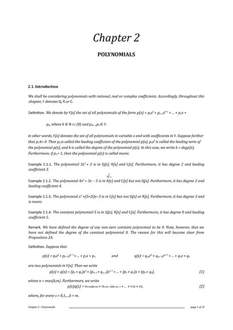 Chapter Polynomials In Class Notes Chapter POLYNOMIALS Introduction We Shall Be