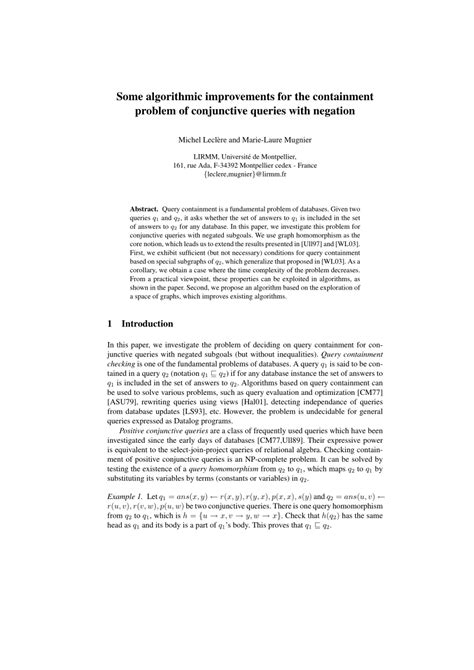 Pdf Some Algorithmic Improvments For The Containment Problem Of Conjunctive Queries With Negation