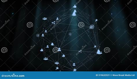 Image Of Globe Of Digital Icons Spinning Against Blue Light Trails On