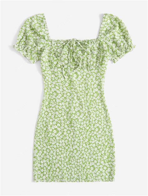 Shein Wywh Ditsy Floral Ruched Bust Tie Front Puff Sleeve Dress For