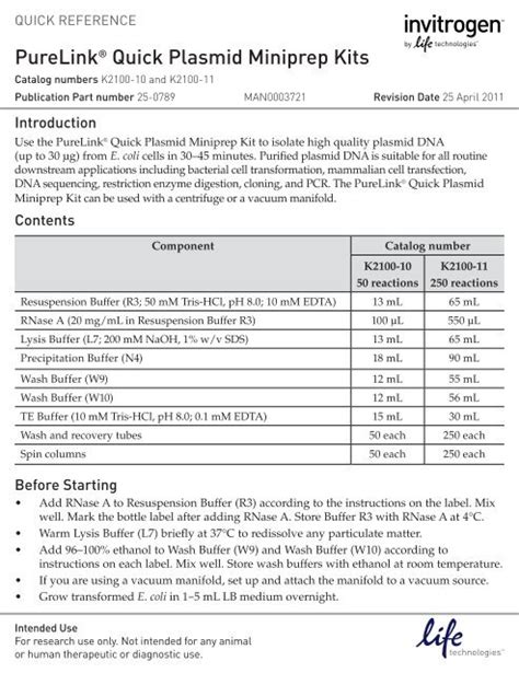 Purelink® Quick Plasmid Miniprep Kits Invitrogen
