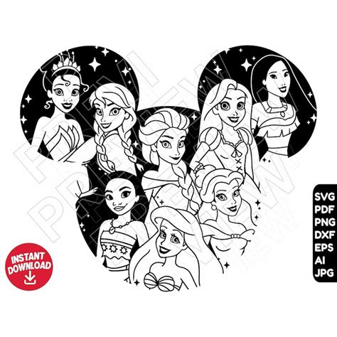 Princess Svg Disneyland Ears Dxf Png Princesses Ariel Elsa Inspire