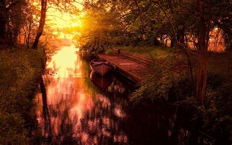 1920x1200 Nature Landscape Sunset Trees Boat Dock Canal Shrubs Calm