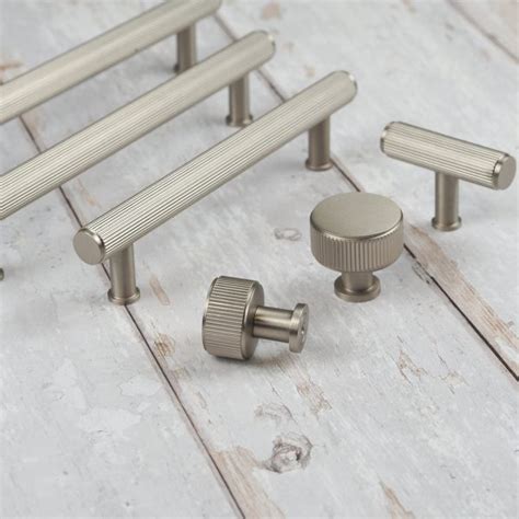 Satin Nickel Solid Brass Reeded Knurled Kitchen Handles And Matching