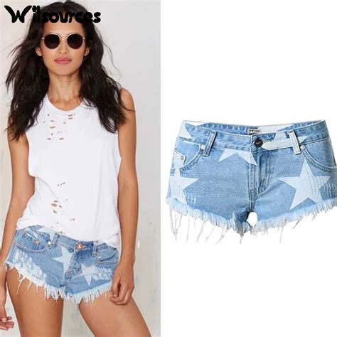 Witsources Women Sexy Hot Denim Shorts Summer New Star Print Tassel