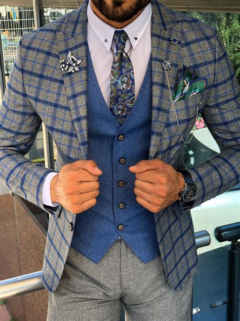 Slim Fit Plaid Suit Vest Sax Bojoni