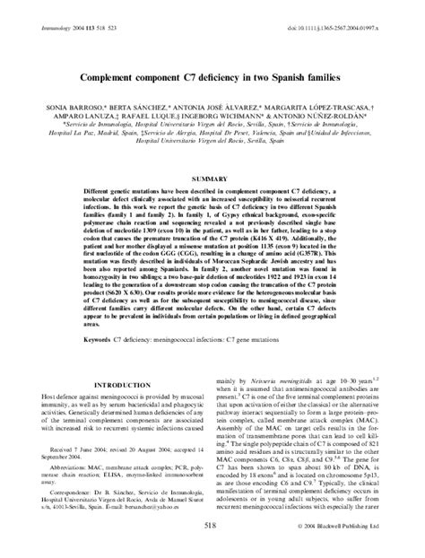 Pdf Complement Component C7 Deficiency In Two Spanish Families