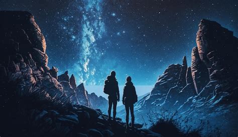Premium AI Image Illustration Of Two Hikers Watching The Starry Sky