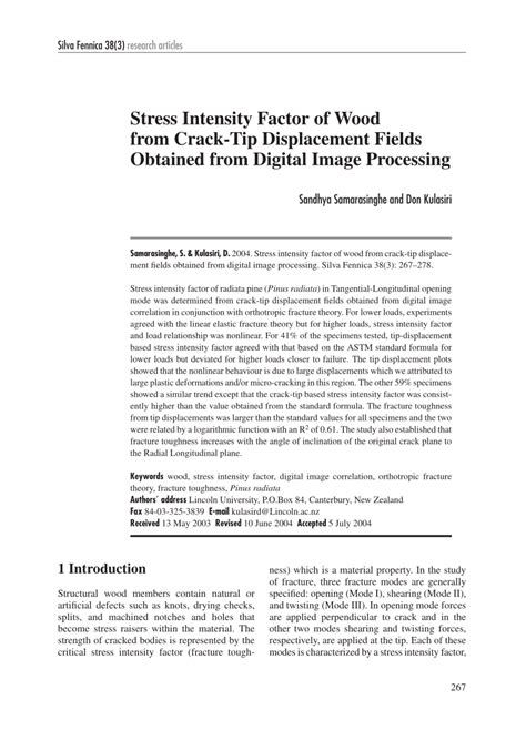 PDF Stress Intensity Factor Of Wood From Crack Tip Displacement