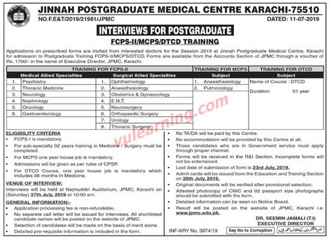 Jinnah Postgraduate Medical Centre Karachi Postgraduate Training 2019