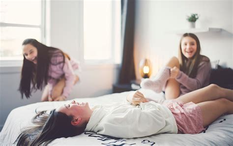 Three Excited Teenager Girls Having Fun Together Enjoying Laze Leisure